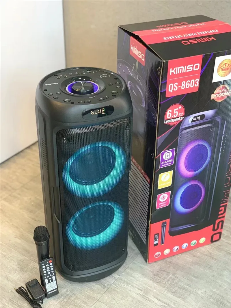 Kimiso Qs-8603双6.5英寸户外便携式派对卡拉ok扬声器dj扬声器系统低音炮音箱带led灯 - Buy 卡拉ok音箱,Party ...