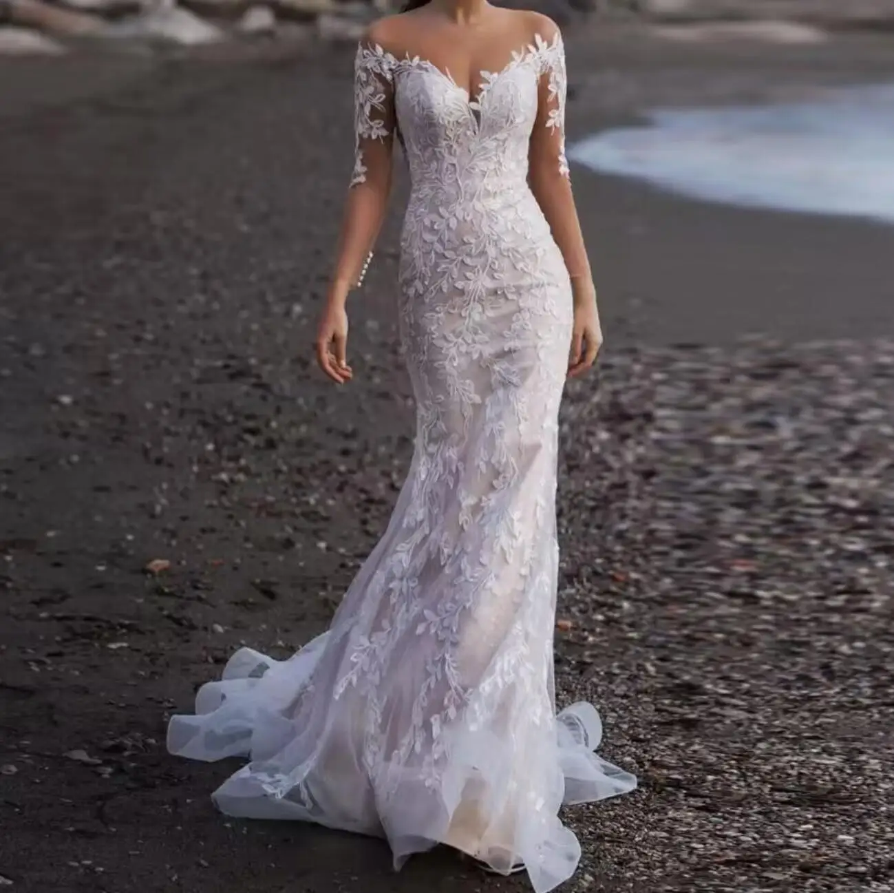 2024 Illusion White Leaves Lace Long Sleeves Beach Mermaid Wedding ...