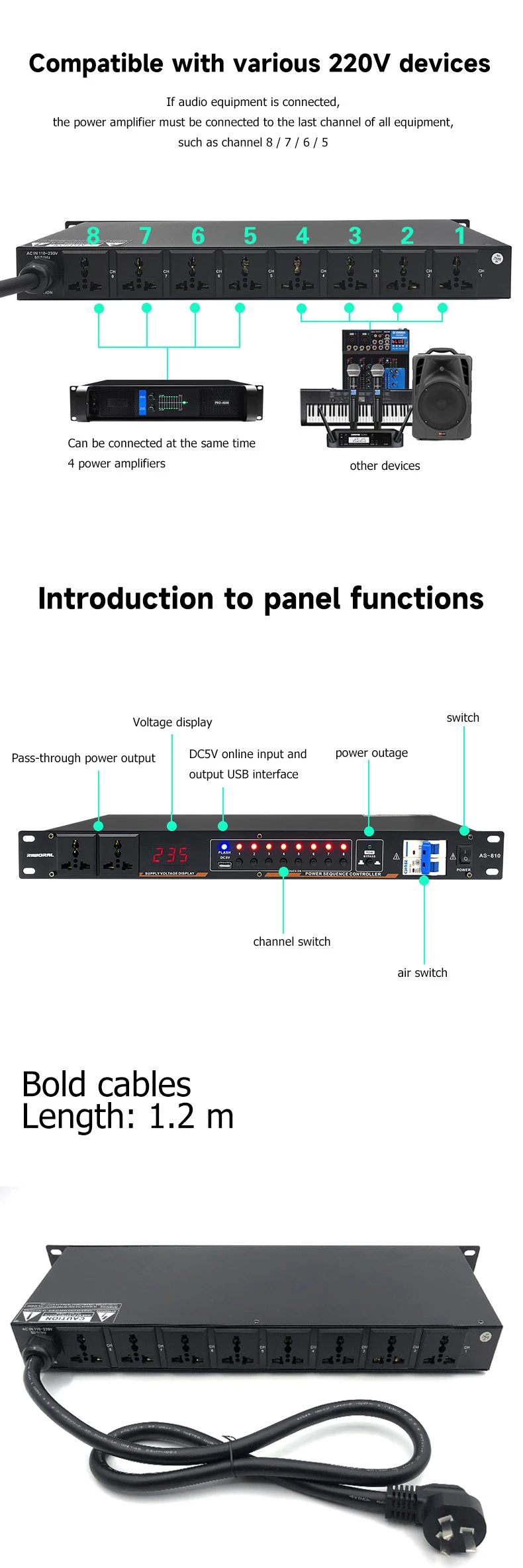 30a 8-channel Audio Power Sequencer Controller With Lcd Screen