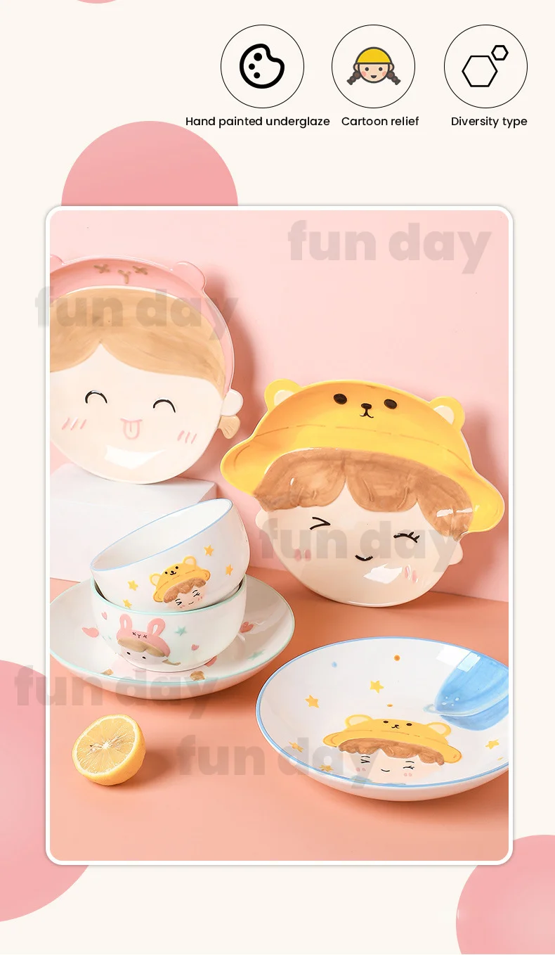Cute Cartoon Animation Boy Girl Shape Tableware Sets Fun Plate Round ...