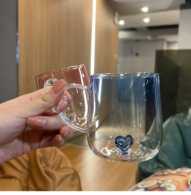 Creative Love Heart Inside Glass Mug Gradient Color Borosilicate Glass ...