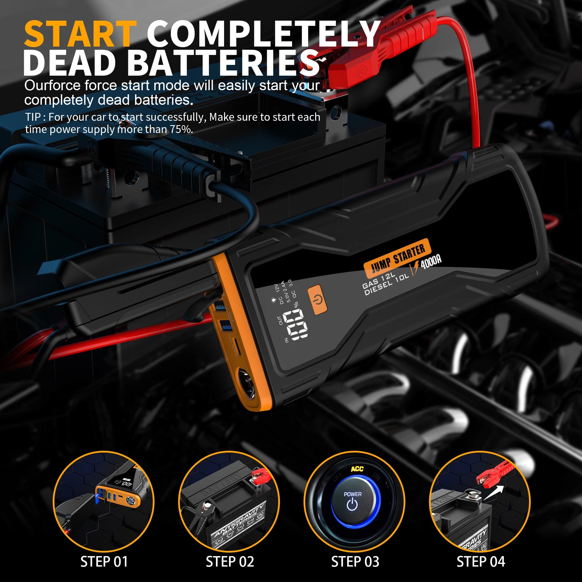 16000mah Jump Starter with 4000A Peak Current - Reliable Car Booster