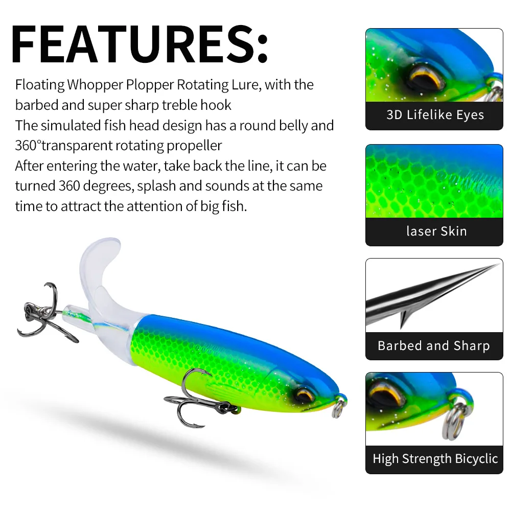 Whopper Popper Lure - Topwater Fishing Bait with Spinning Tail
