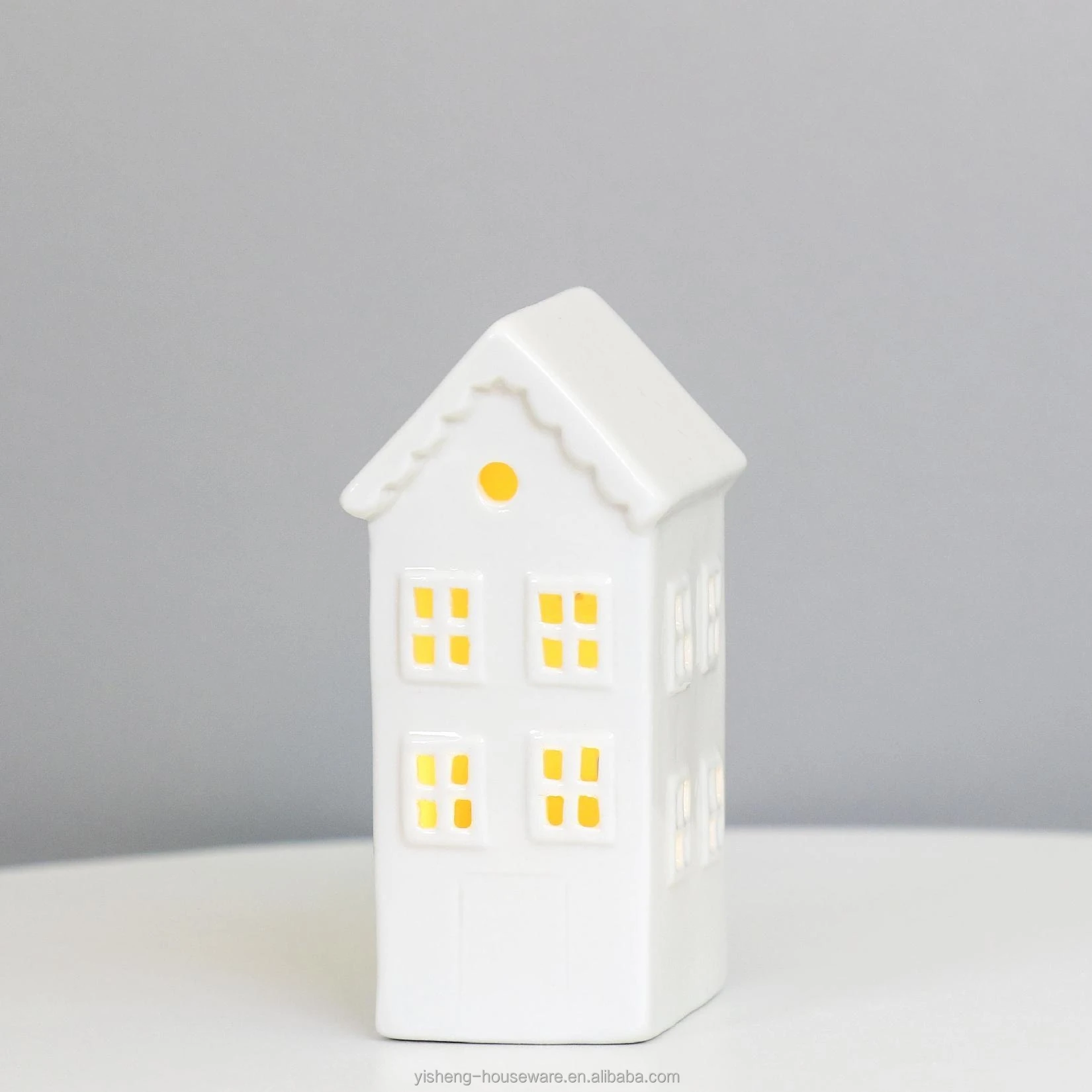 White Ceramic Houses LED Lighted Figurines Tabletop Decoration Village ...