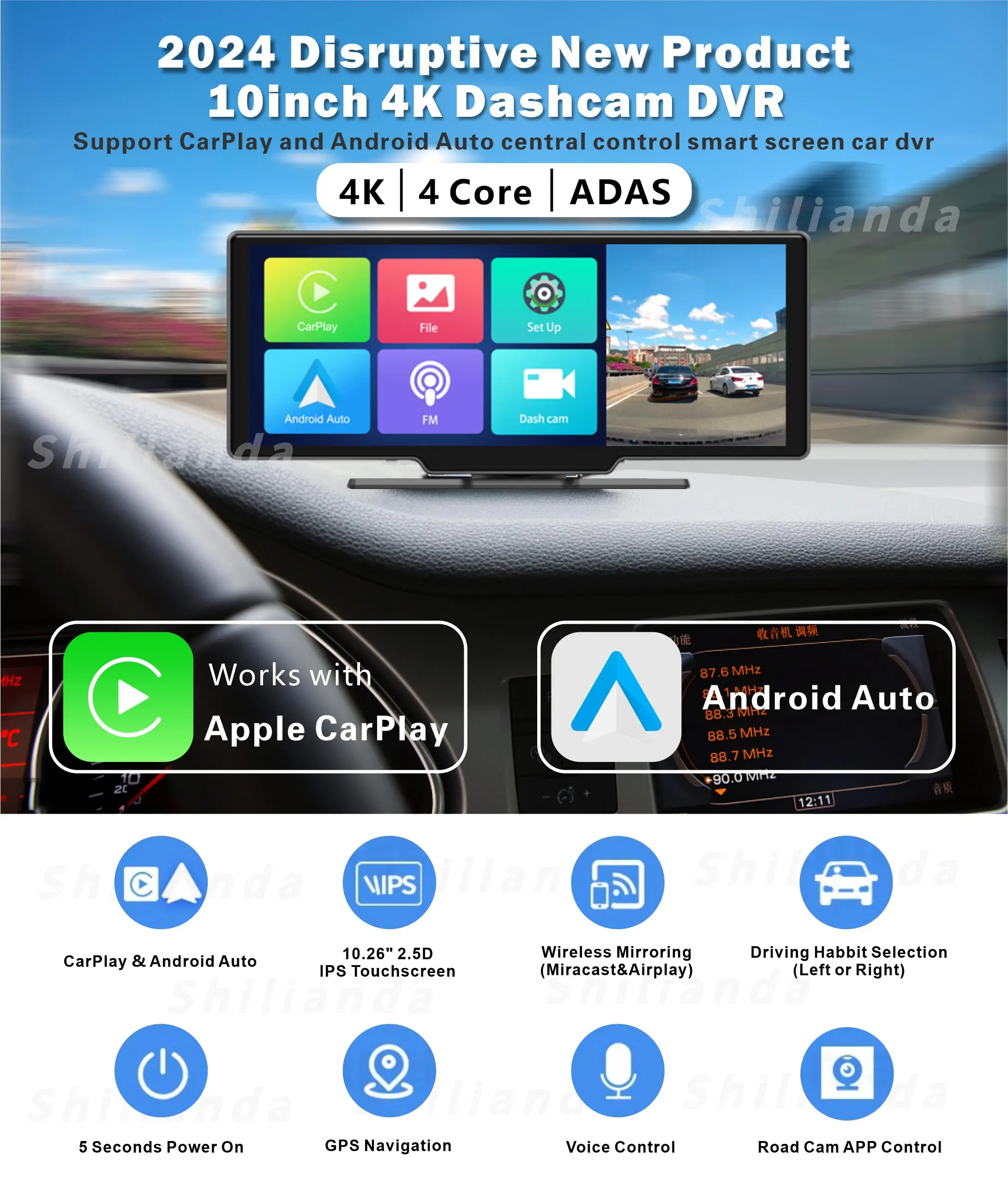 Universal Wireless Android Auto Touch Screen Dashcam GPS