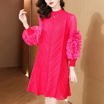 New Spring Autumn Miyake Pleated Women Dress Elegant Stand Collar Three ...