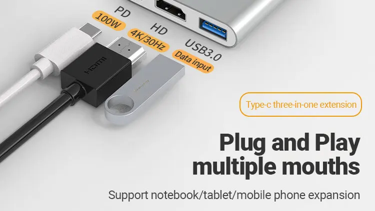 3in1 Usb-c 3 In 1 Port Computer Tv Pc Usbc 3.0 Adapter Phone Type-c Laptop Docking Station Type ...