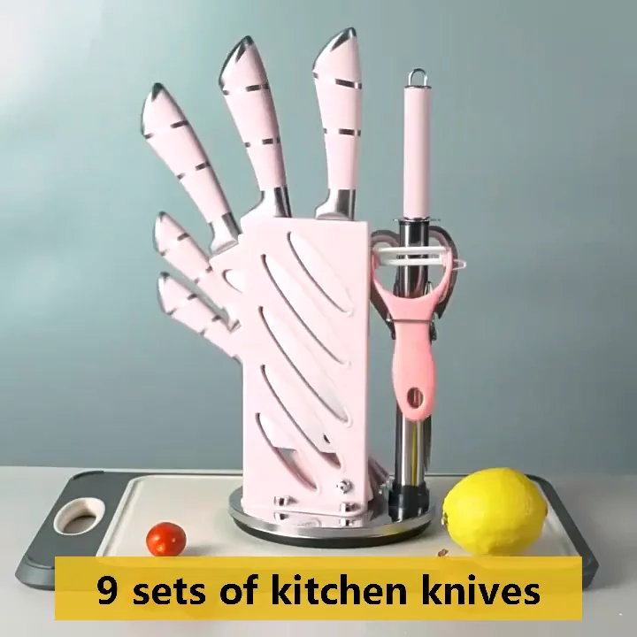 9 Pcs Pink Colorful Kitchen Knife Set With Abs Acrylic Stand For Color ...