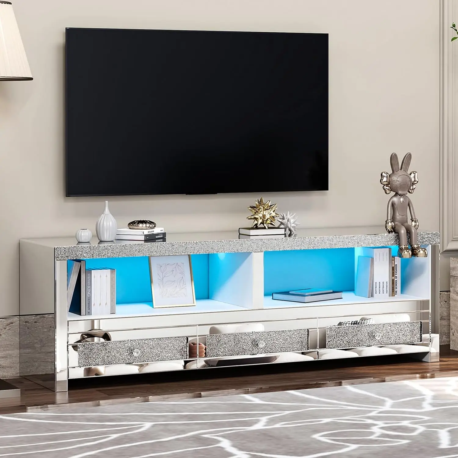 Modern Silver Crushed Diamond Mirrored TV Stand with LED Light Drawers ...