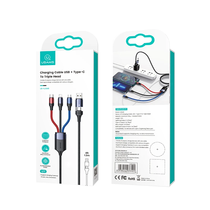 Usams 3 In 1 Fast Charging Cable Triple Head Multi Ports 3a Fast ...