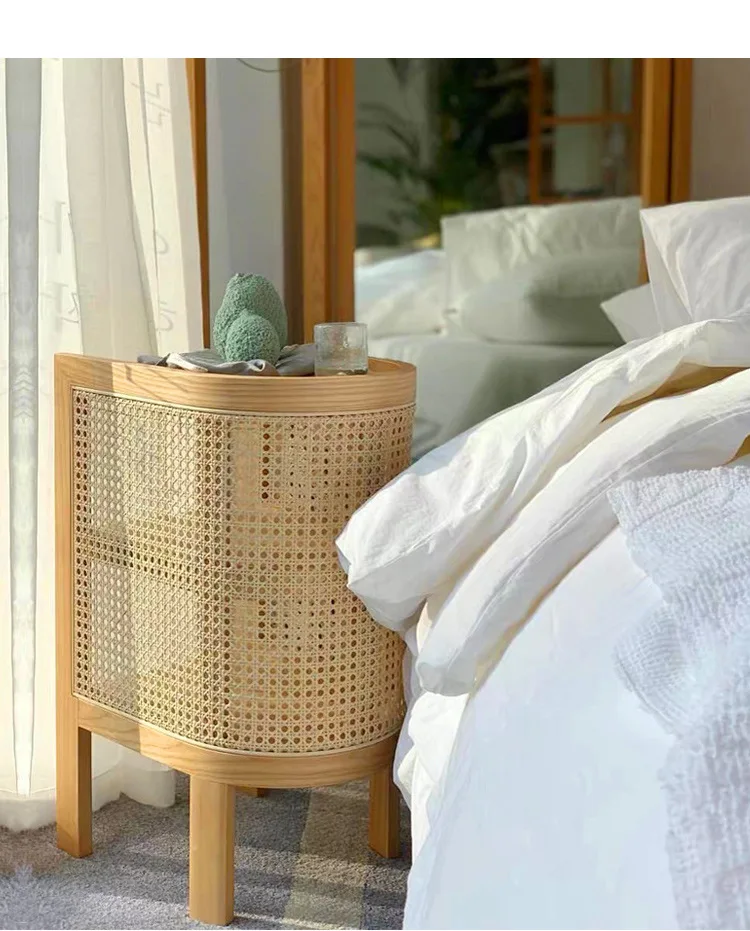 Japanese Style Solid Wood Rattan Bedside Table and Side Cabinet Locker