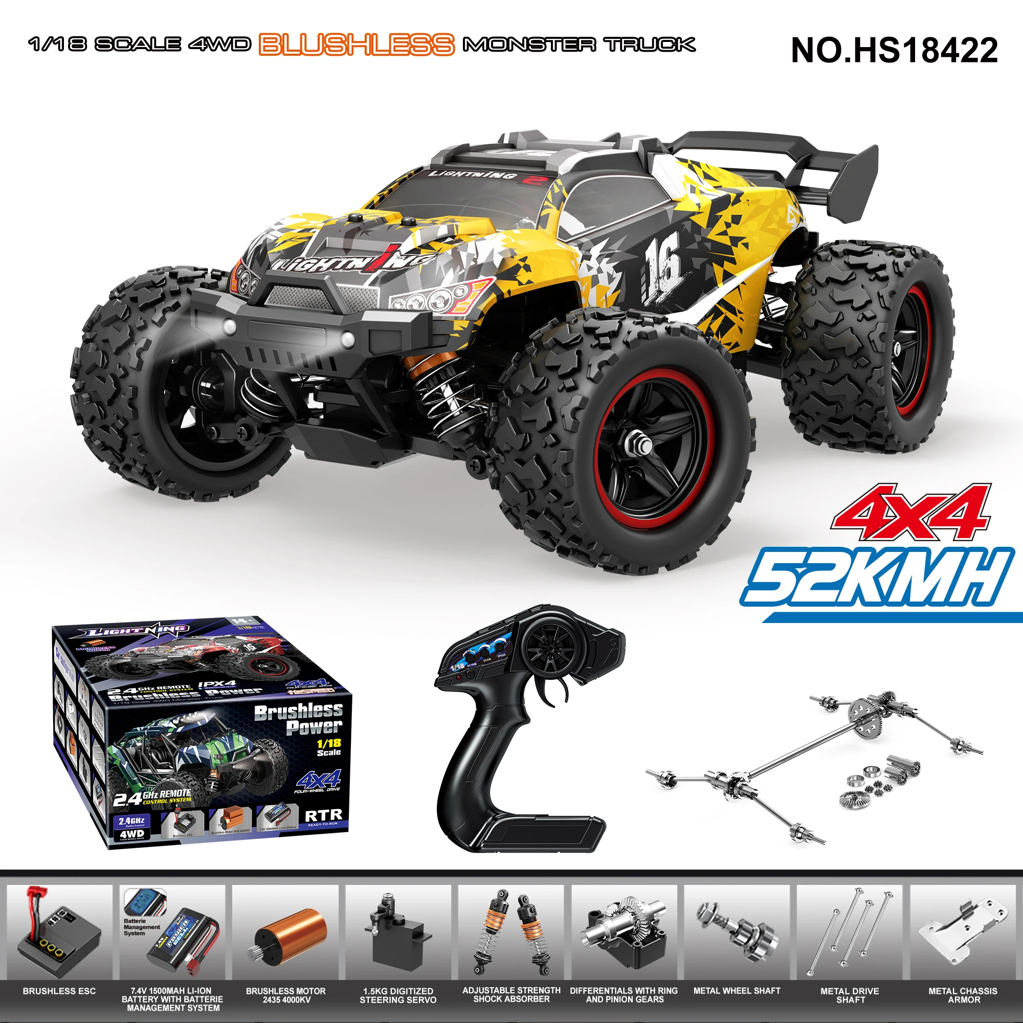 HOSPEED Brushless Hurricane RC Car - 52KMH High-Speed Fun
