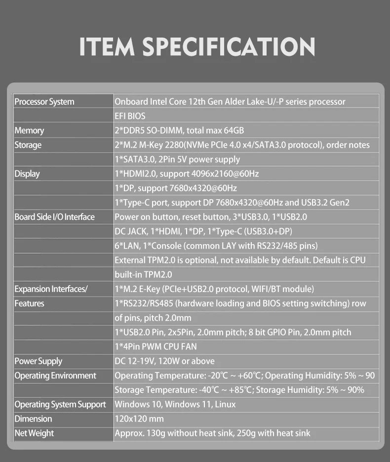 X86 Embedded Machine Vision Mainboard Ddr5 Max 64gb M.2 Nvme I5-1240p ...
