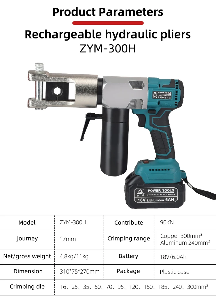 ZYM-300H Battery Powered Hydraulic Crimping Tool - 90KN Output