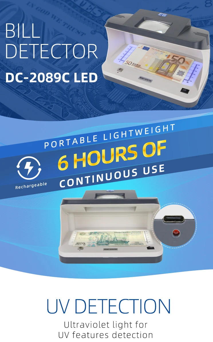 Dc-2089c Led Chargeable Counterfeit Money Checker Bill Detector Machine ...