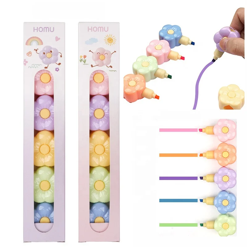 Cute Cartoon Flower Shape Creative Mini Highlighters 6pcs/box Plastic ...
