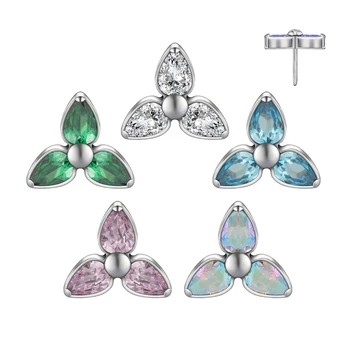 Right Grand Astm F136 Titanium Threadless Push Pin Triple Flower Cz Top End Body Piercing ...