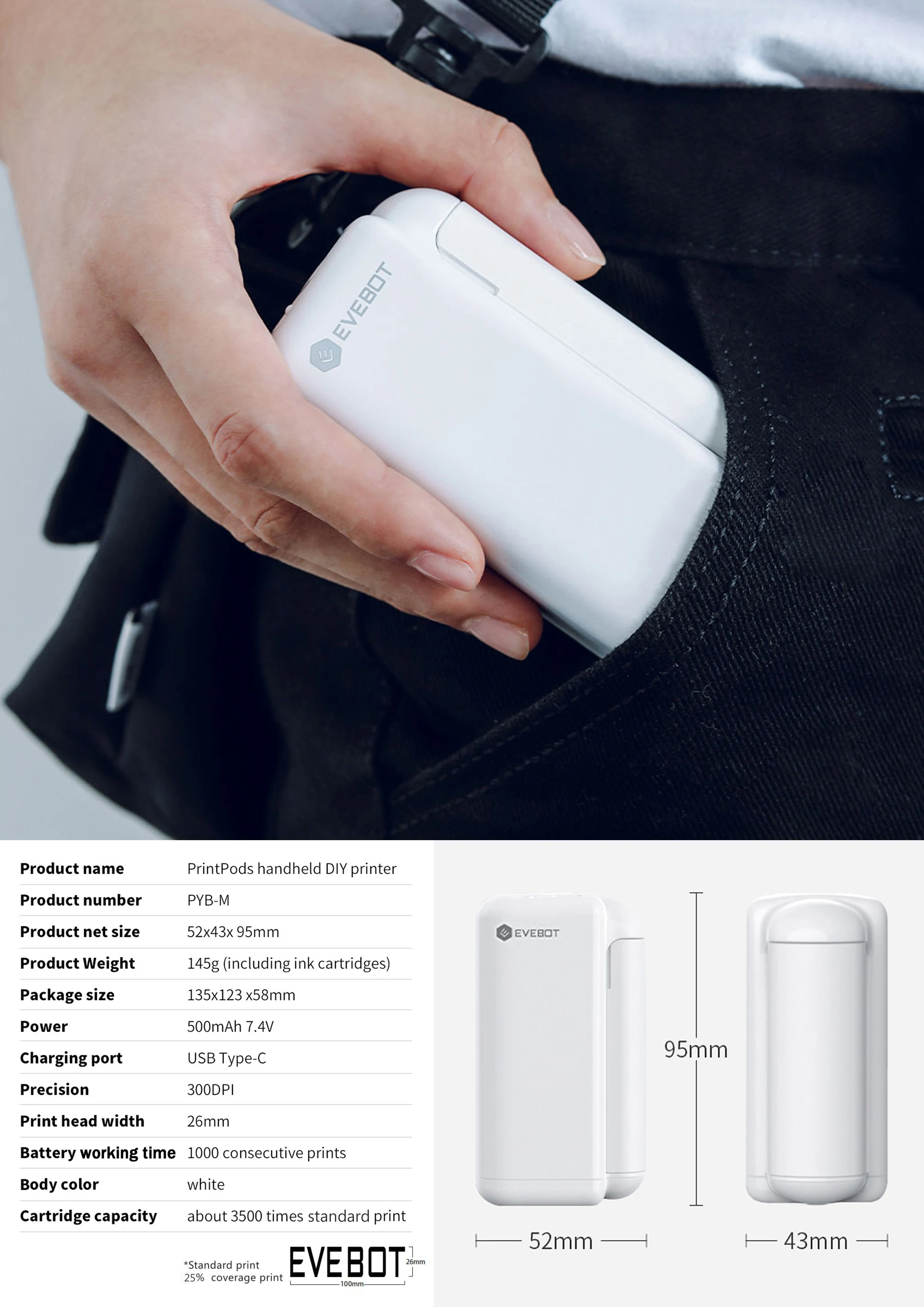 EVEBOT Portable Printer - Mini Inkjet Printers for All Surfaces