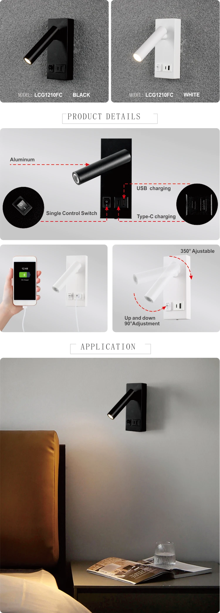 Hotel Headboard LED Reading Light Bedside Wall Mounted Reading Wall ...