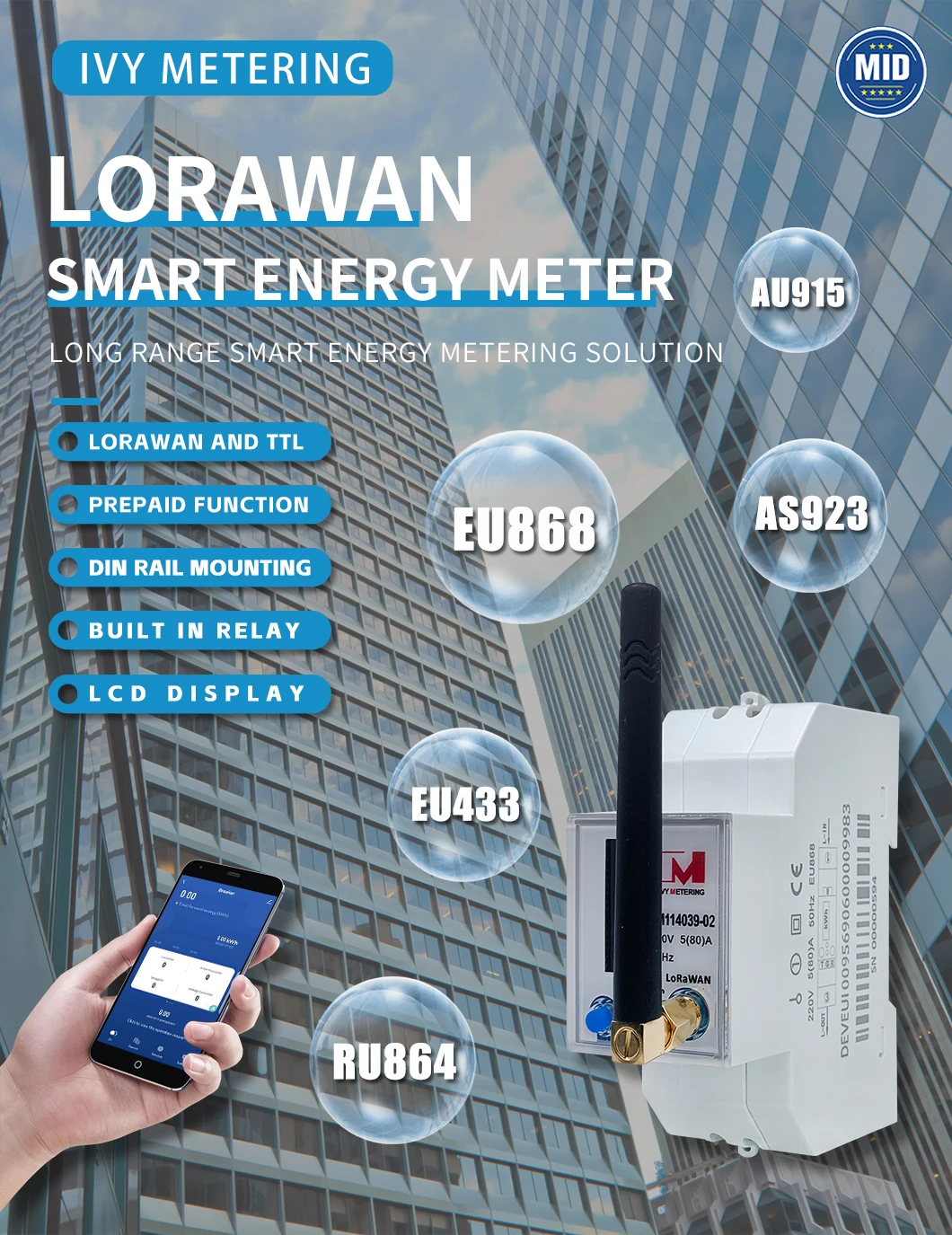 Prepaid Din Rail MID Approved LORA WAN Meter for Smart Energy