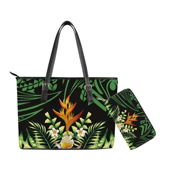Hawaiian Style Floral Print Womens Tote Shoulder Bags Custom Pu Leather ...