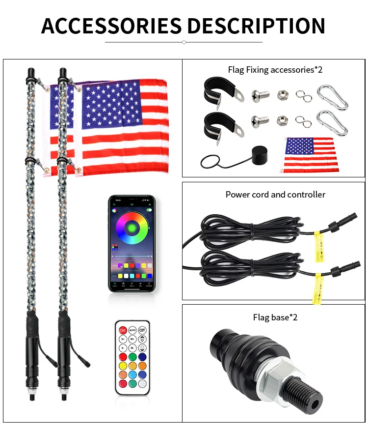 2ft 3ft 4ft 5ft 6ft Flexible Spiral RGB Offroad Flag 5150 Bluetooh UTV ...