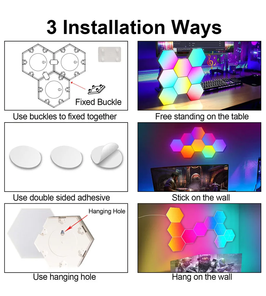 DIY RGB Lighting Smart Hexagon LED Wall Light Panels Music Sync APP ...