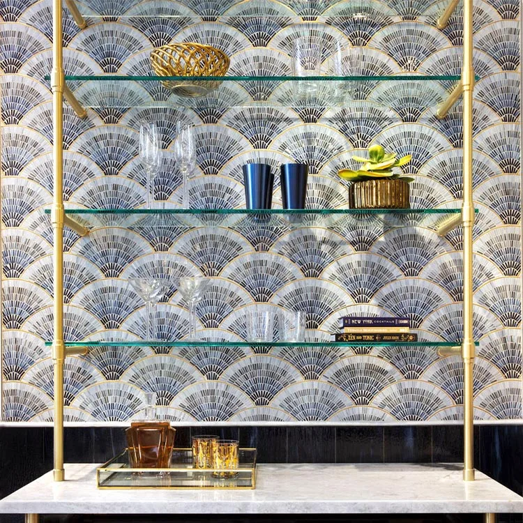 Luxurious Design Fan-Shaped Blue Color Waterjet Mosaic Tile With Brass ...