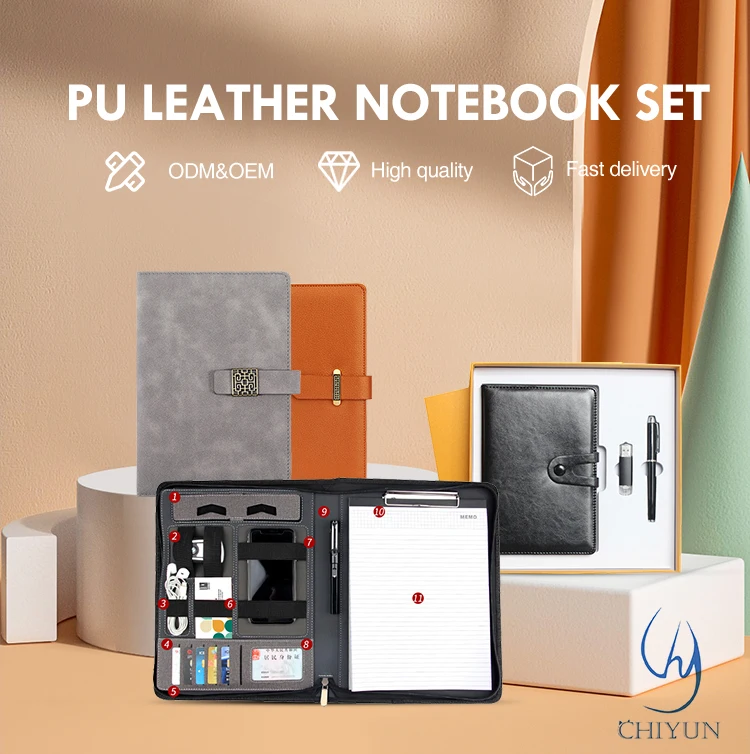 Custom Logo Zipper Diary Folder Pu Leather Notebook With Power Bank And ...