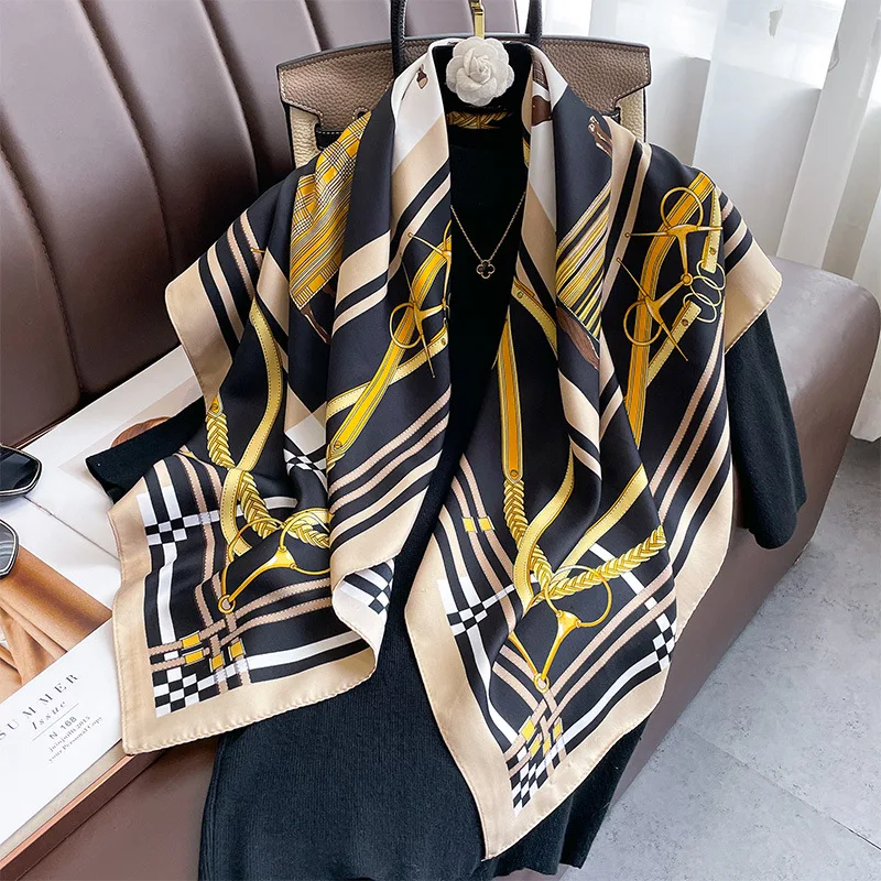 2024 New Luxury Chain Pattern Silk Square Scarves For Ladies Horse ...