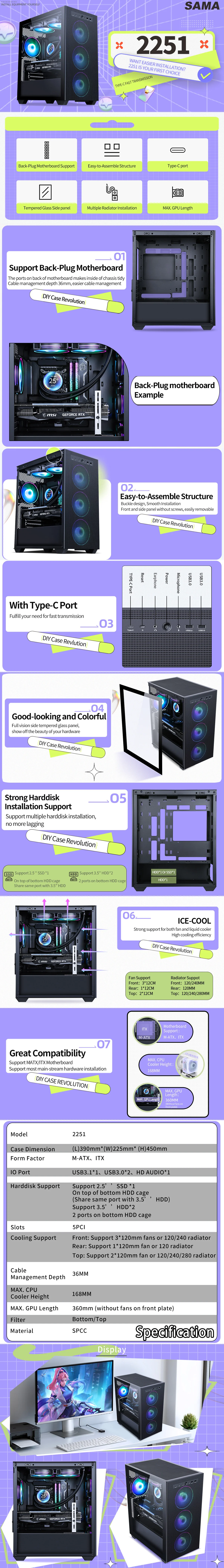 SAMA clear Cable Management Micro Atx case Support Back-plug ...