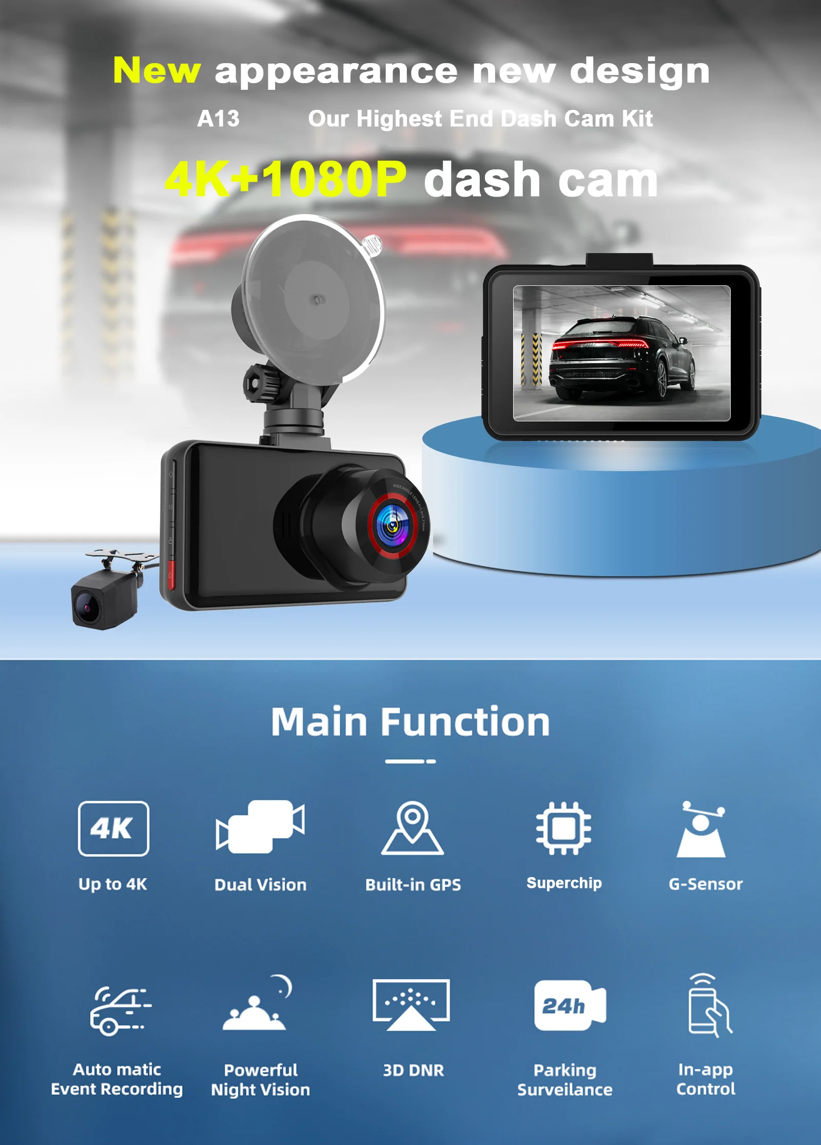 3.0"hd Dashboard Camera 4K Dashcam Car Dash Camera 4k+1080P Vision Dual ...