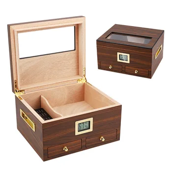 Cedar Wood Cigar Humidors Storage Box With Hygrometer 2 Drawer Desktop ...