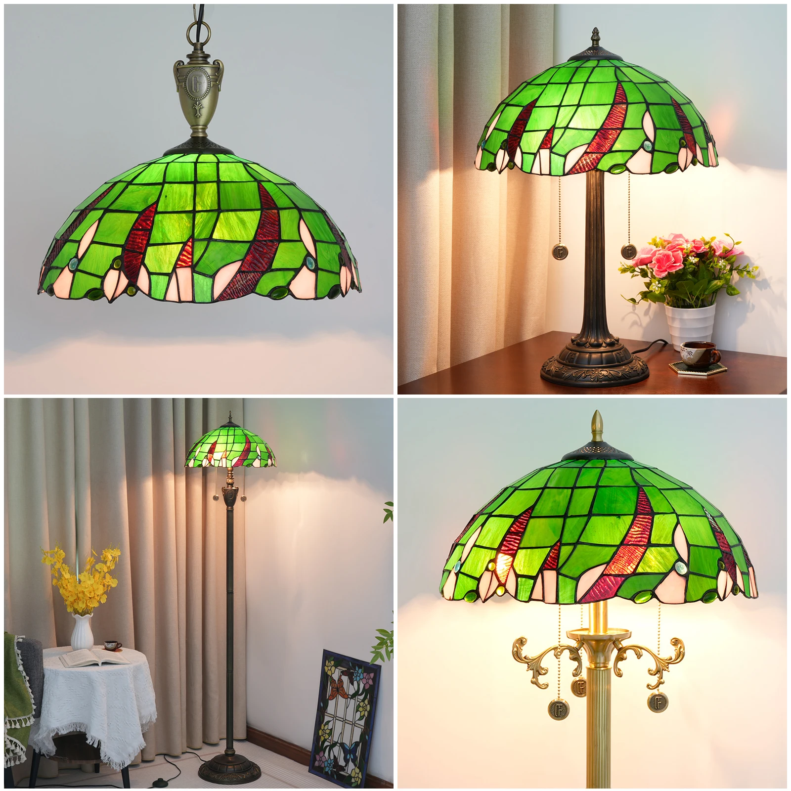 Tiffany Style Lamp Shade Replacement - 16 Inch Green Stained Glass