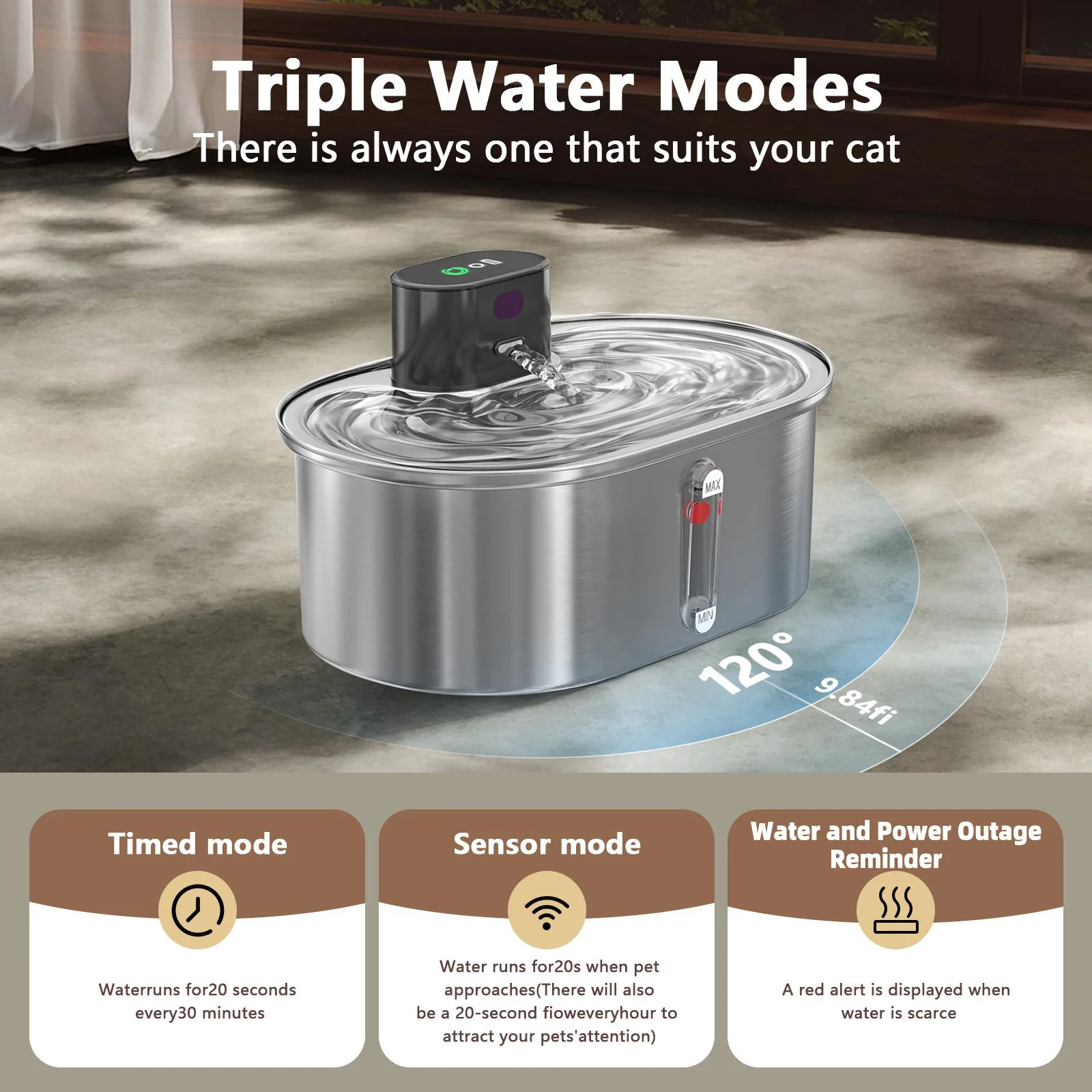 OEM 3L Automatic Cat Water Fountain Stainless Steel with Sensor Battery ...