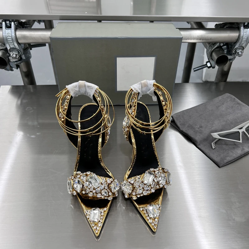 Xinzirain Luxury Designer Rhinestone Heels Women Sexy Lace Up Plus Size Pencil High Heels