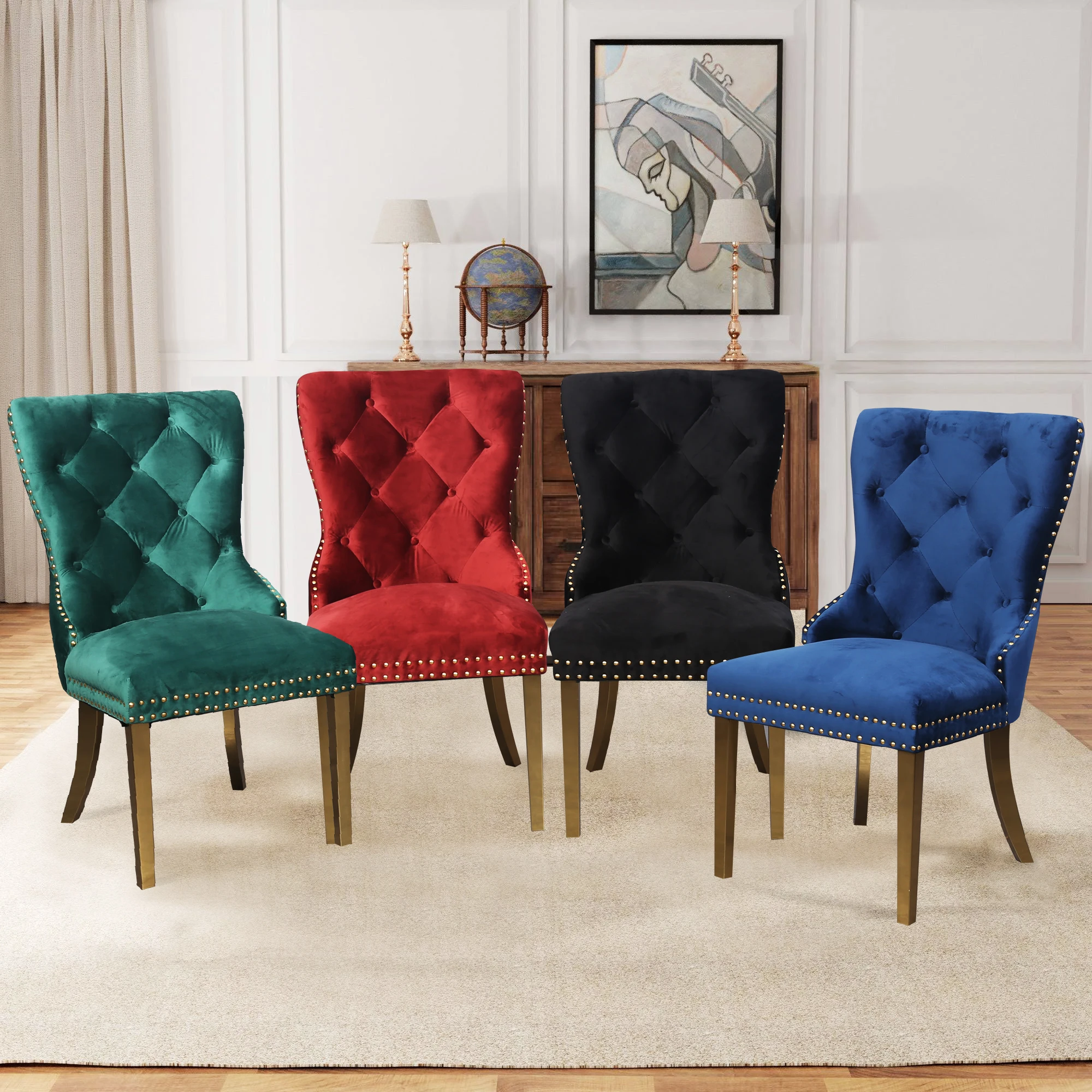 2021 Modern Navy Blue Velvet Tufted Button Back Dining Chairs
