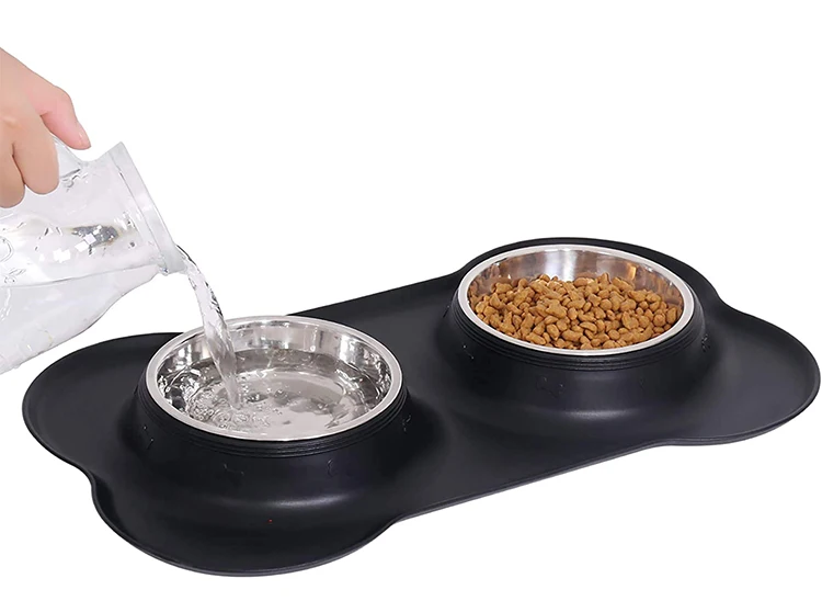 Stainless Steel Double Dog Bowl Set With No-spill No-skid Silicone Mat ...