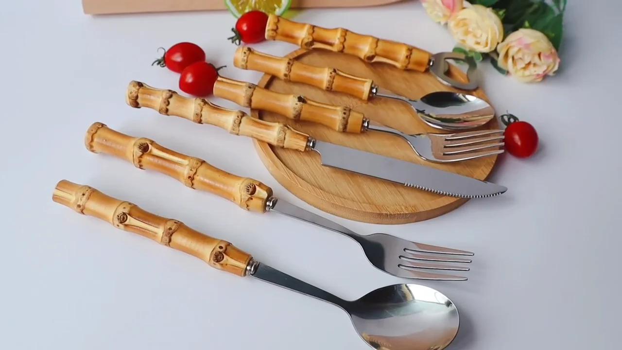 Bamboo Stainless Steel Cutlery Set Natural Bamboo Flatware Handcrafted Bamboo Cutlery Knife Fork ...