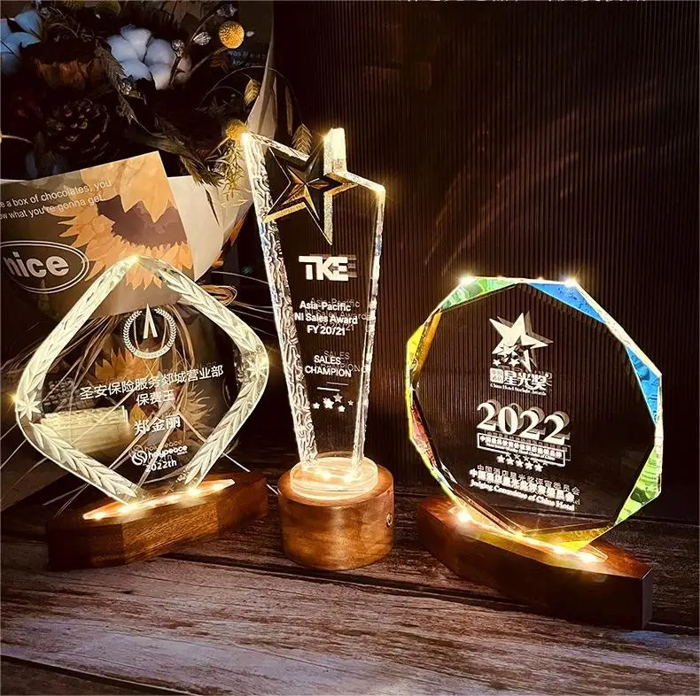 Custom Logo Led Wooden Base Crystal Trophy Luminous Staff Souvenirs ...