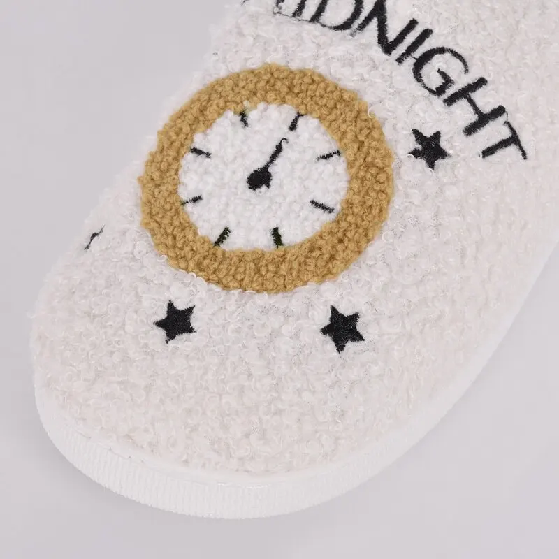 Fashion Cute Moon Clock Women Slippers Winter Soft Fleece Flat Cotton ...