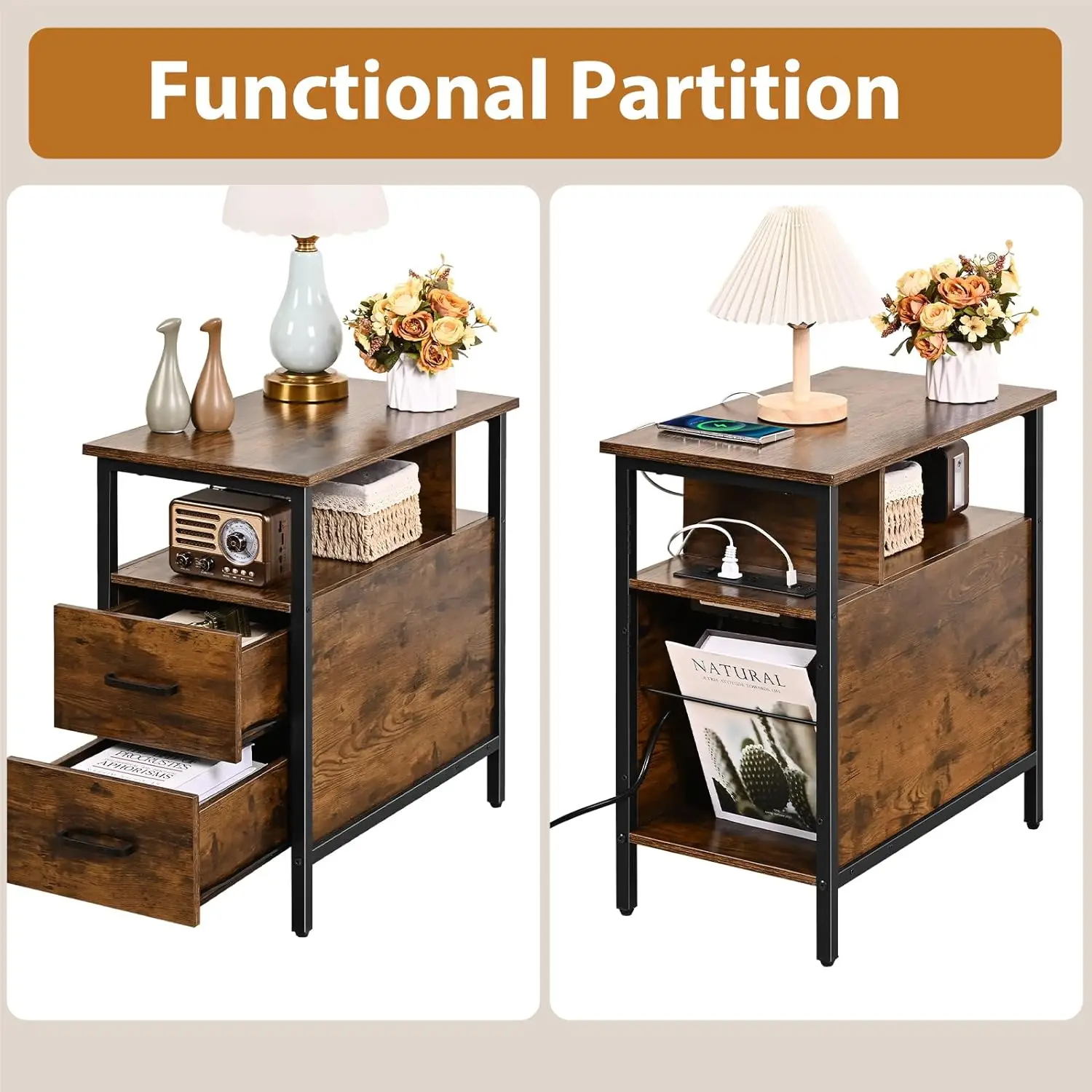 Wood Drawer Side Small Spaces Bedside Tables USB Ports Outlets Bedroom ...