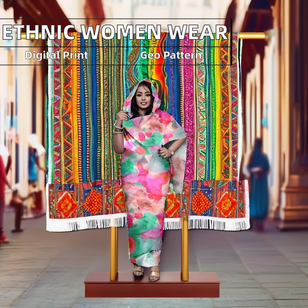 Ethnic Dot Pattern Digital Printed Polyester Voile Dresses Thobe Women ...