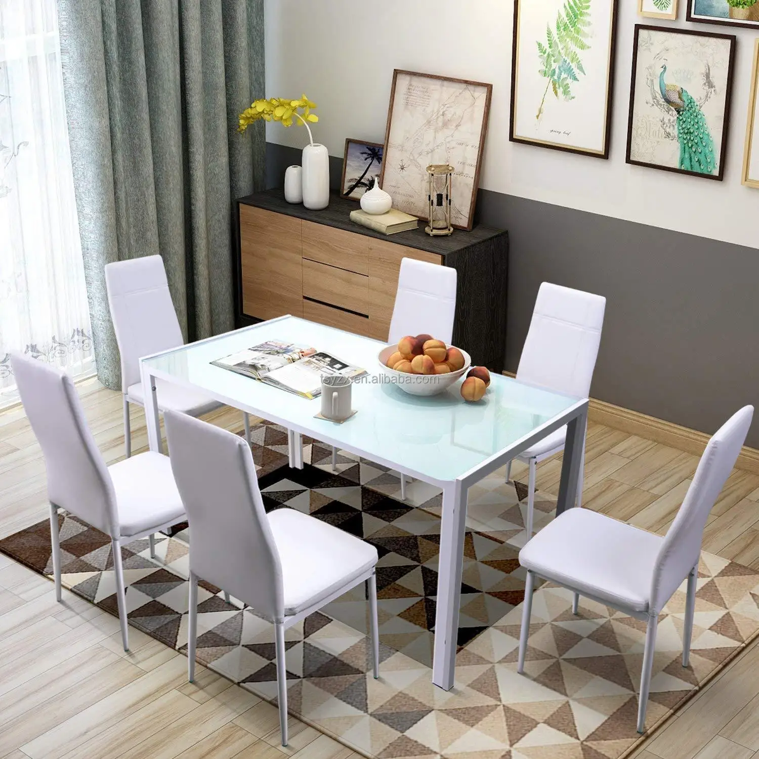 Home Furniture Tempered Glass Table Dining Room Set 6 Seat
