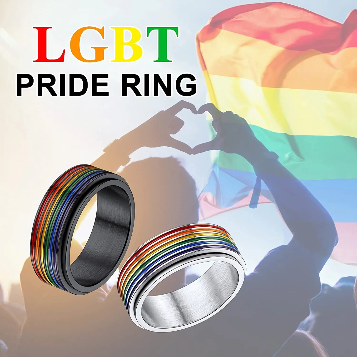 8mm Stainless Steel Enamel Rainbow LGBT Pride Ring for Lesbian & Gay LGBTQ Pride Wedding ...