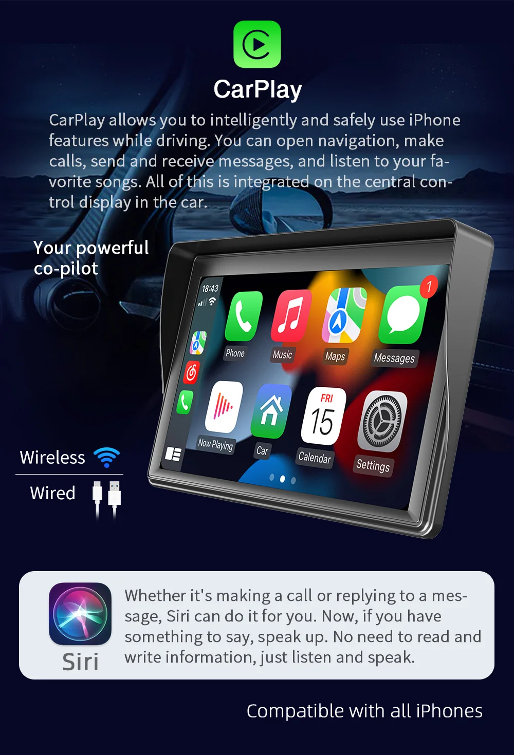 Carplay Screen 7 Inch - Smart Car Radio with FM Transmitter