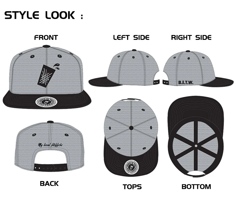 Custom Plastic Seven-eye Button Snap Back Hats Cotton Black Hip Hop ...