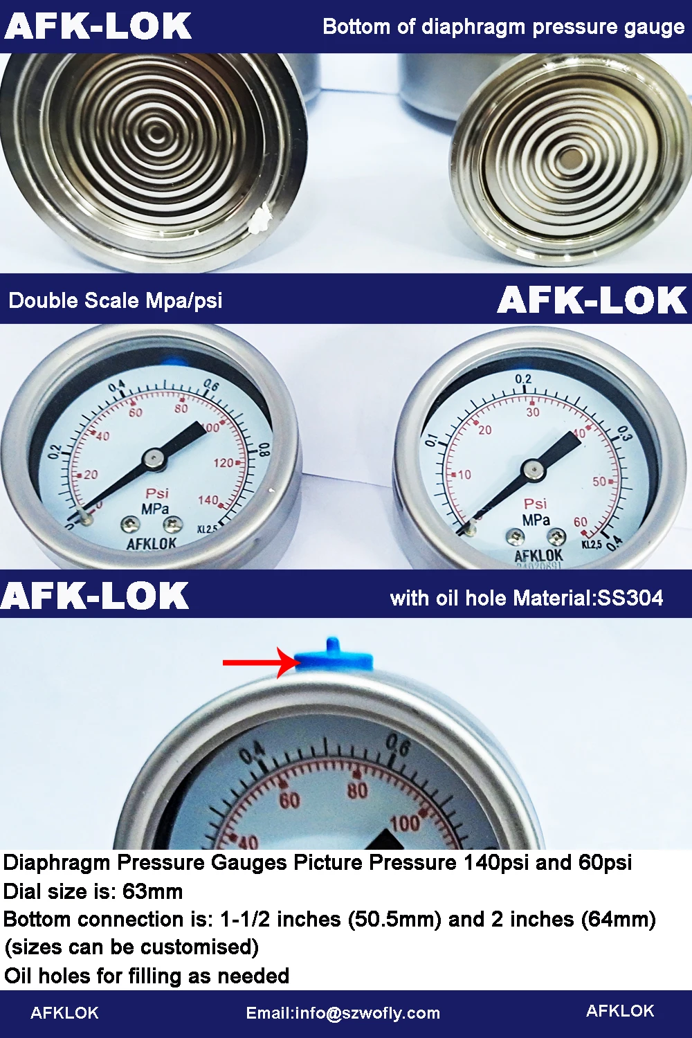 0-60psi Diaphragm Pressure Gauge Oil-filling Ss304 Dial 63mm Bottom ...