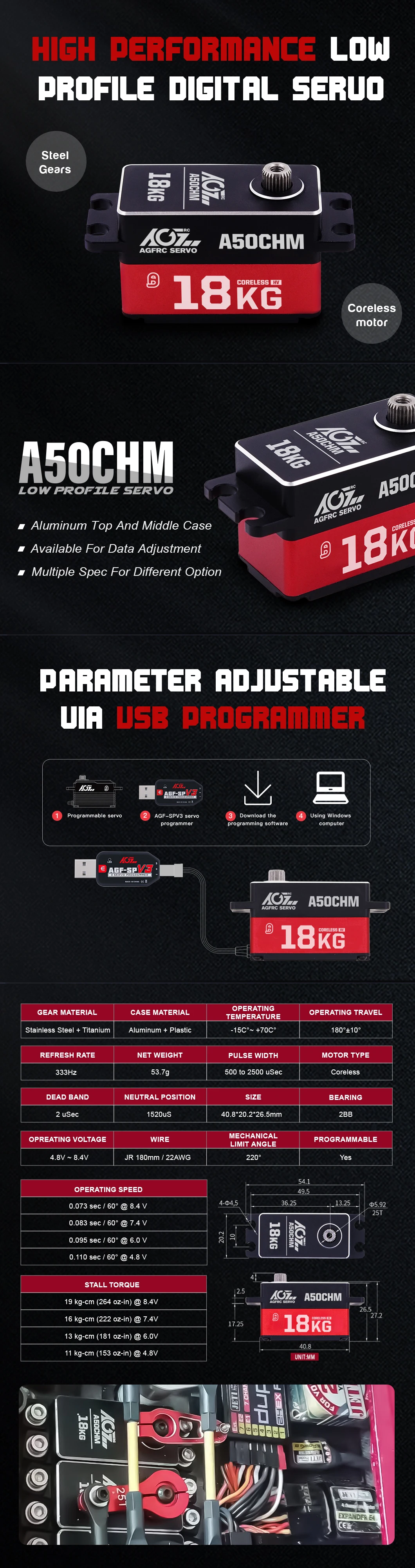 AGFRC A50CHM HV High Torque 50g 0.11Sec Aluminum Case Coreless Low ...