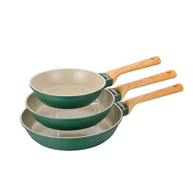 Set 3 Classic Cast Aluminum Fry Pans Eco-Friendly Soft Touch Wooden ...